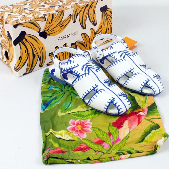 FARM Rio | Shoes | Farm Rio Blue Embroidered Palm Tree Sandal 85 | Poshmark